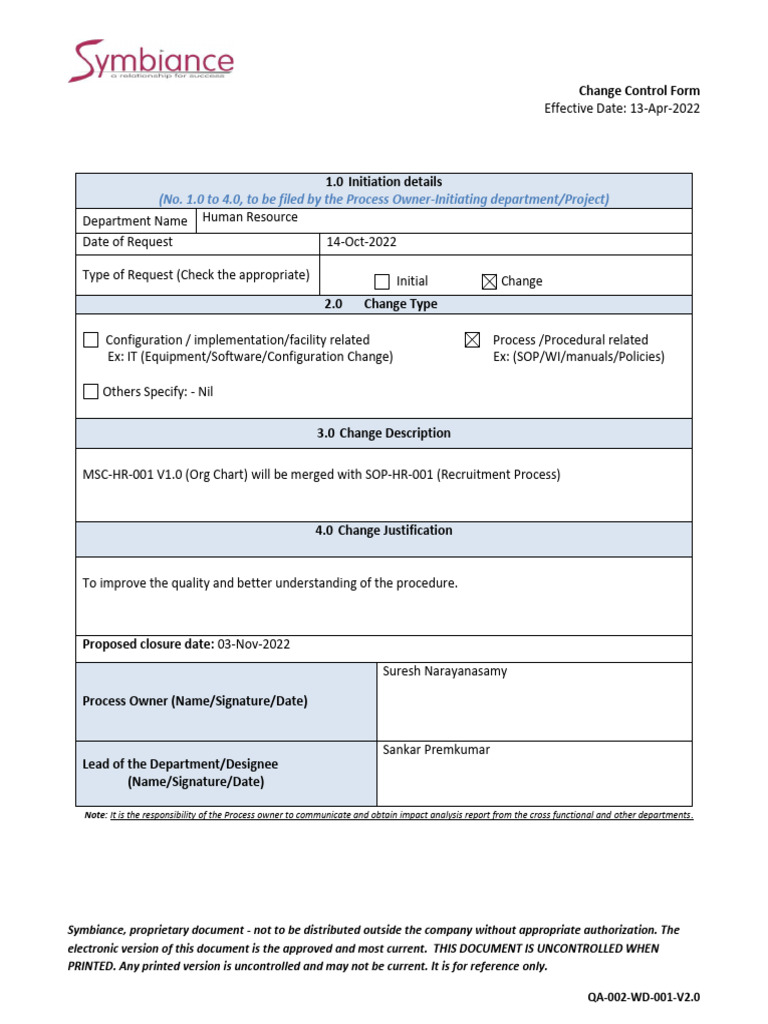 SYM HR CC 22 064 Change Control Form | PDF | Computing