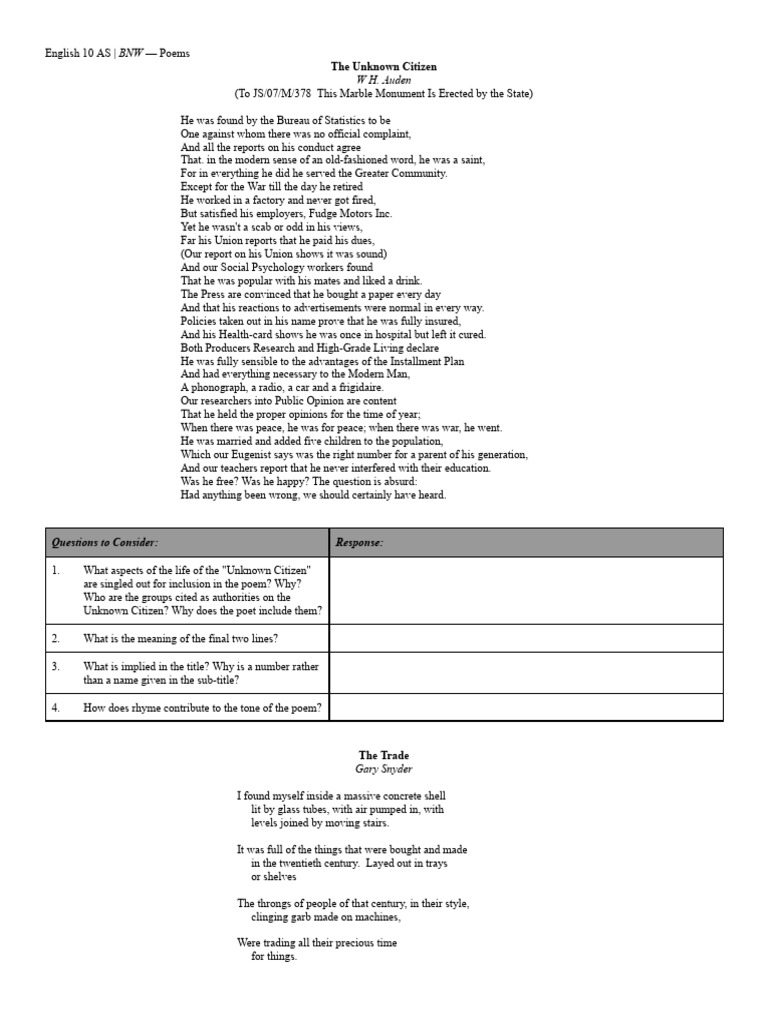 2024 Intro Poems--"the Unknown Citizen" and "the Trade" | PDF