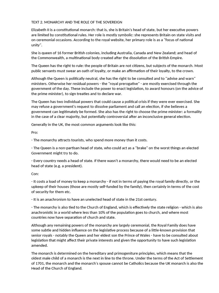 Pros and Cons of the British Monarchy | PDF | Heads Of State | Monarchy