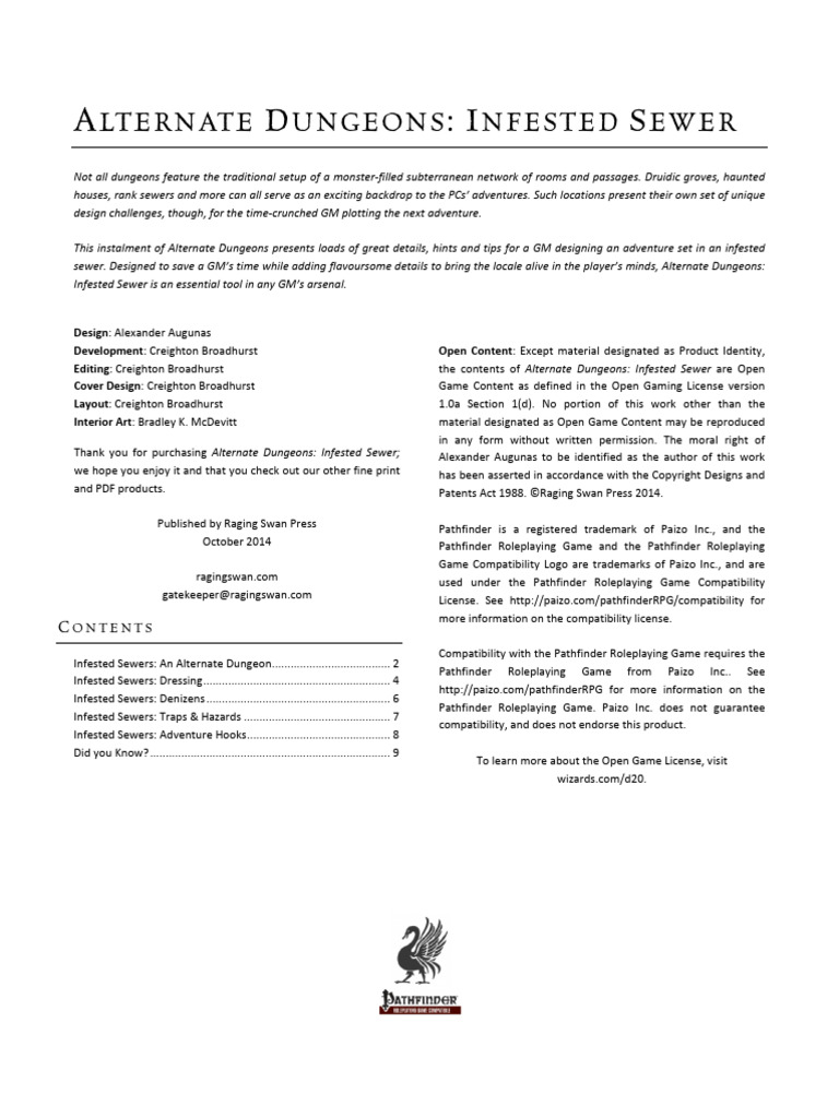 Raging Swan - Infested Sewers 3 | PDF | Tabletop Games | D20 System