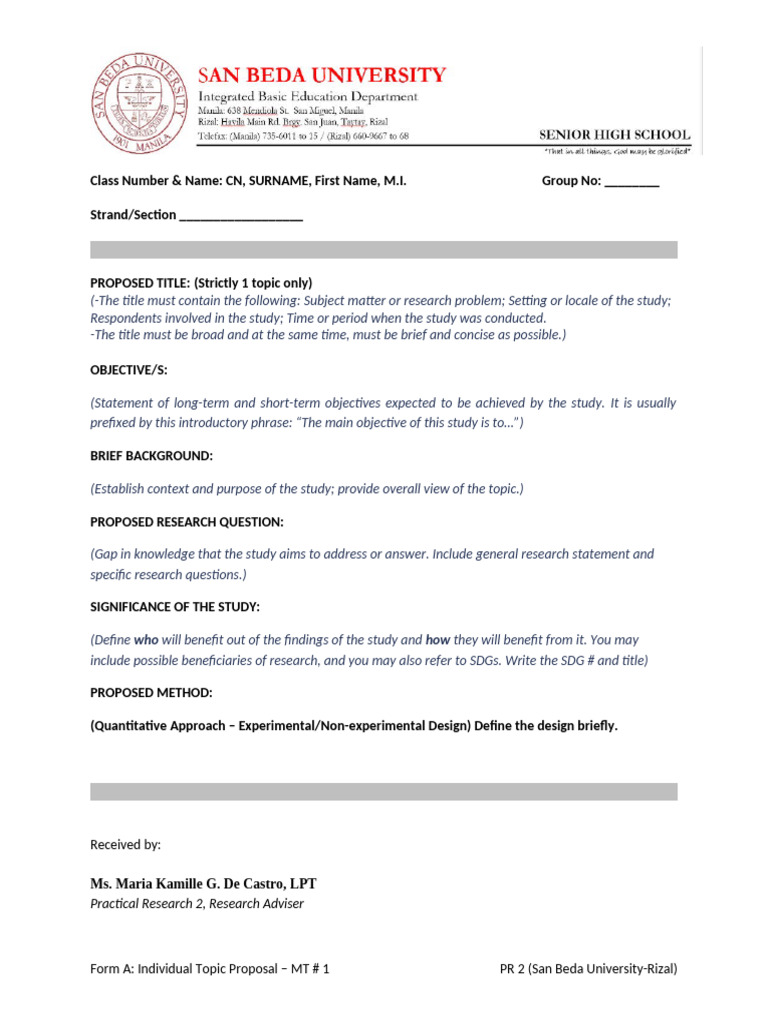 Form A - PR2 Individual Topic Proposal MT | PDF