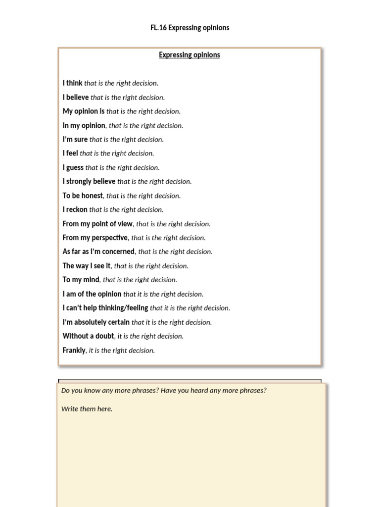 These Phrases Show That We Are Only Expressing Our Personal Opinion ...