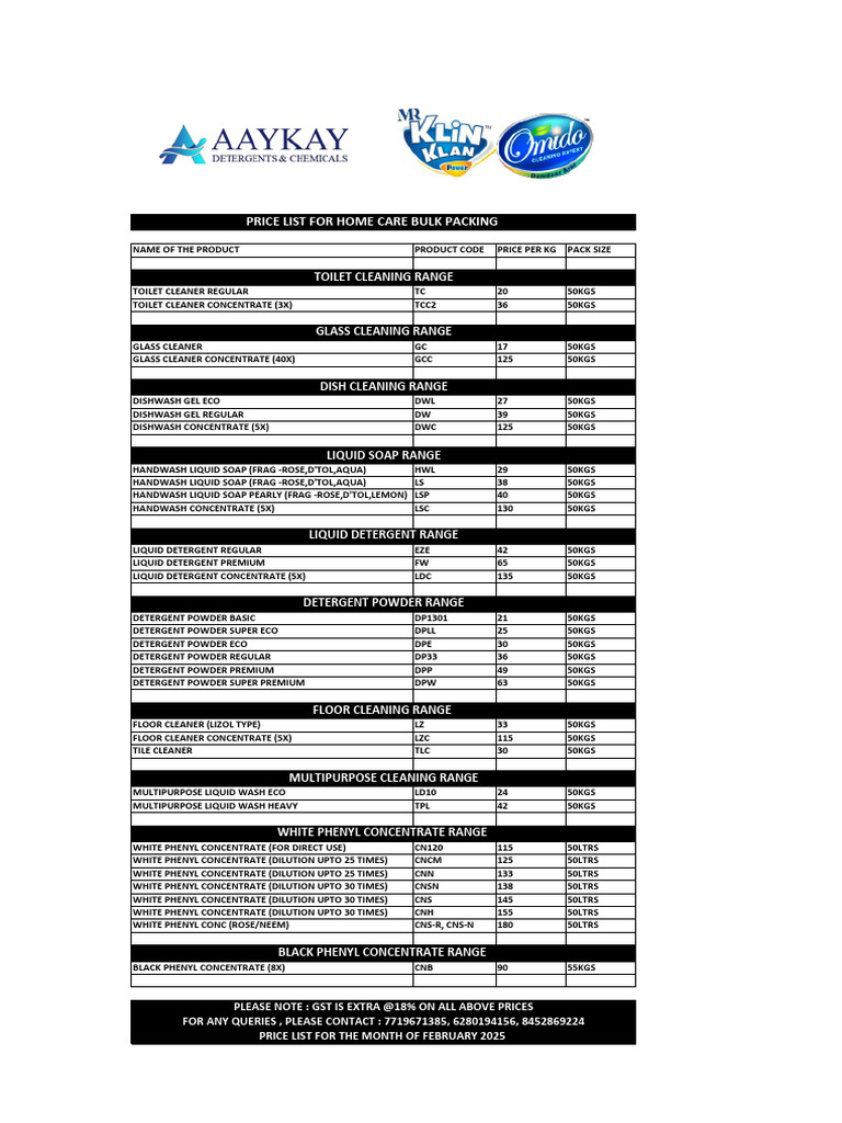 Home Care Products Price List 2025 | PDF | Household Chemicals ...