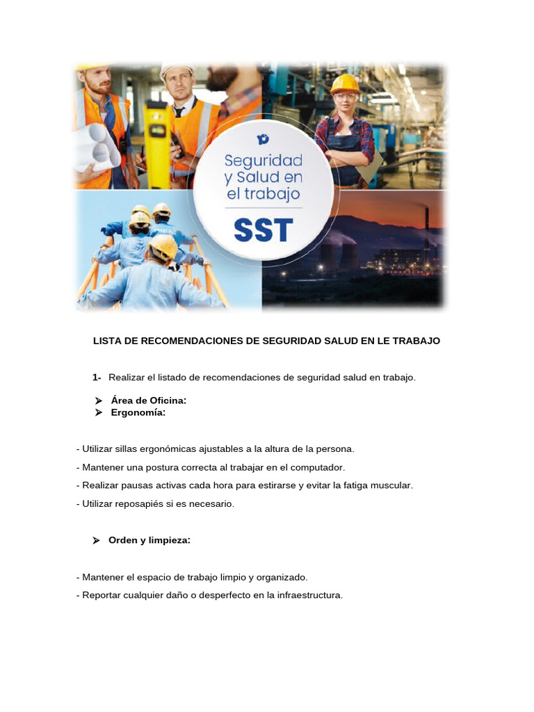 Lista de Recomendaciones de Seguridad Salud en Le Trabajo | PDF | La seguridad | Lugar de trabajo