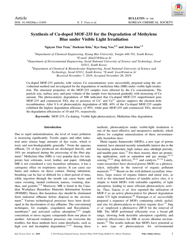 Synthesis of Cu-Doped MOF-235 For The Degradation of Methylene Blue ...