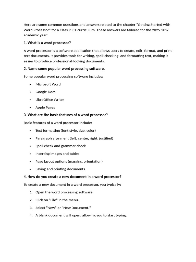 Class 9 Getting Started With Word Processor Question Answer 2025-2026 | PDF | Word Processor ...