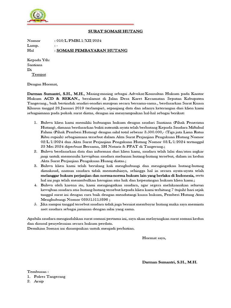Surat Somasi Hutang | PDF