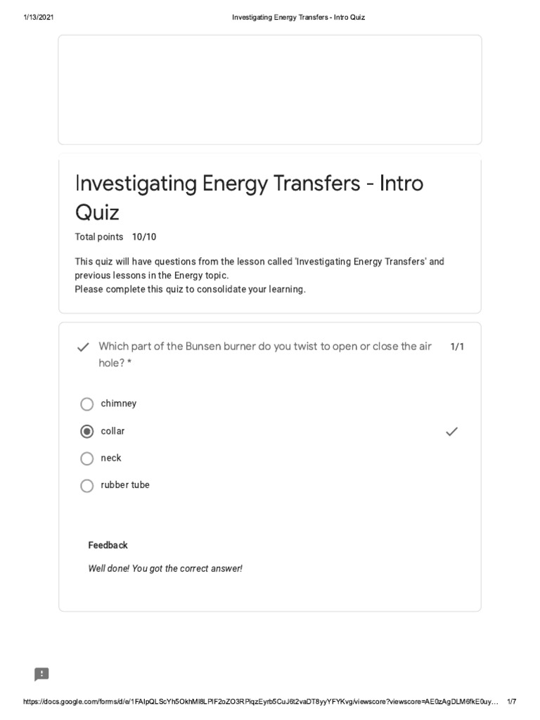Investigating Energy Transfers - Intro Quiz | PDF