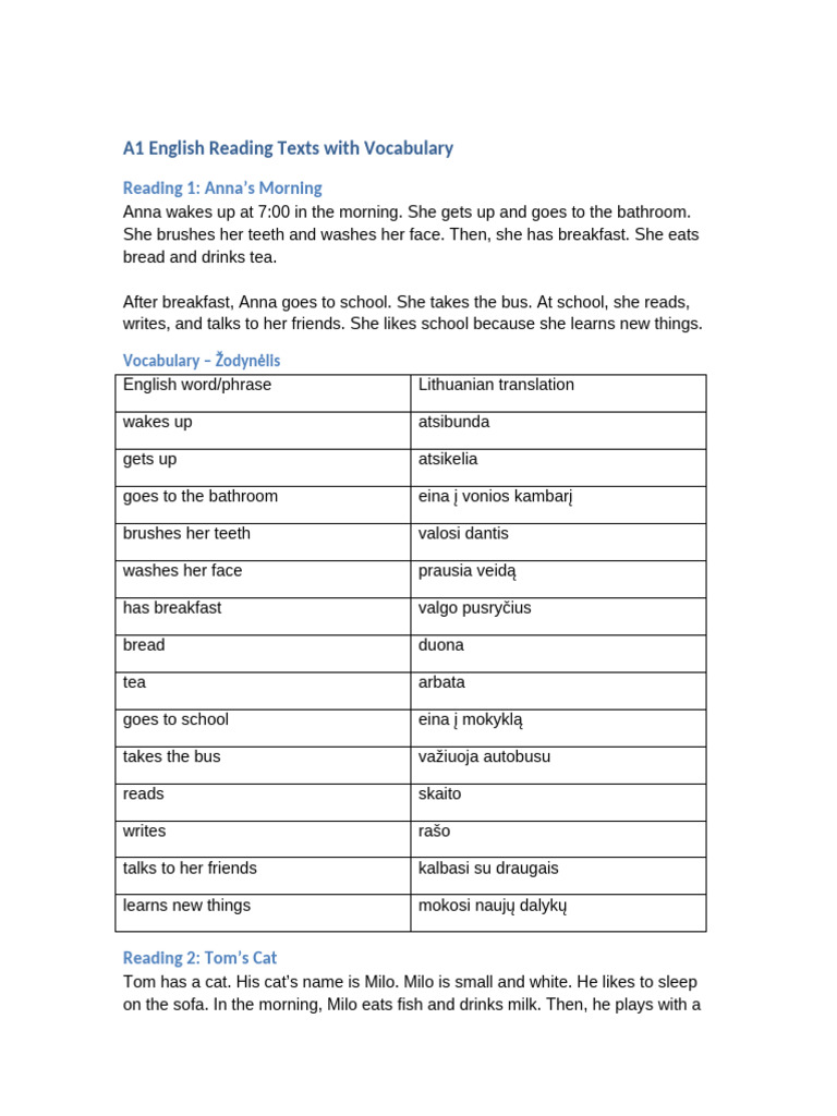 A1 Reading Texts With Vocabulary | PDF