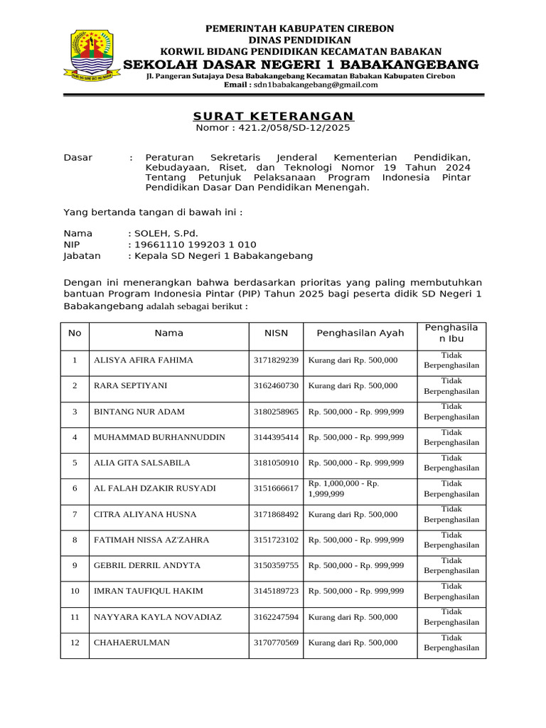 Srt-Keterangan Usulan PIP 2025 | PDF