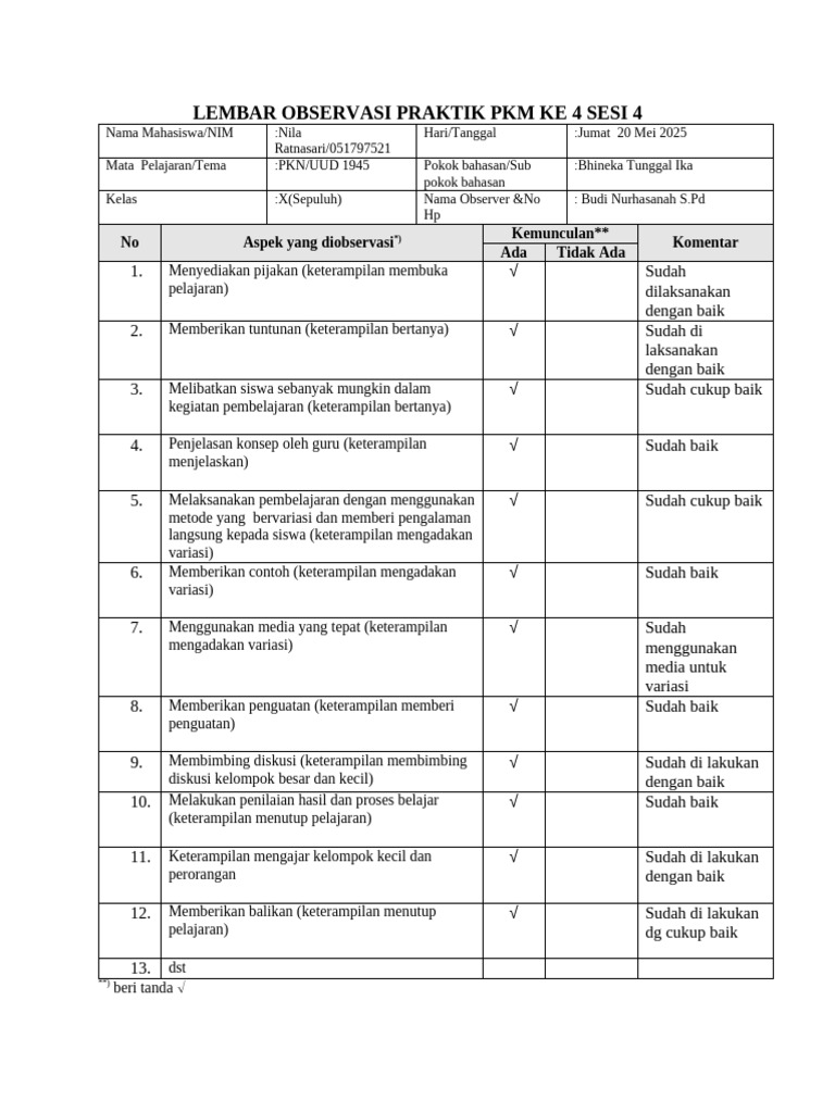 Lembar Observasi Praktik Mengajar RPP Ke 5 Sesi 5_Nila Ratnasari_051797521_PKM | PDF