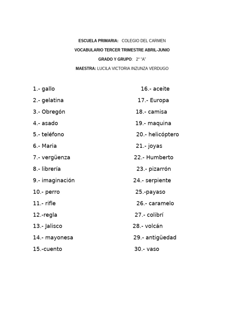 Vocabulario Segundotrimestre Segundo Grado Mtra. Victoria Verdugo | PDF