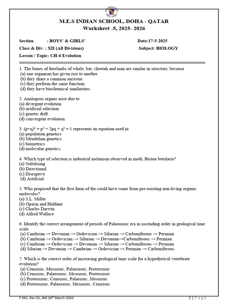 Biology Worksheet on Evolution Concepts | PDF | Evolution | Natural ...