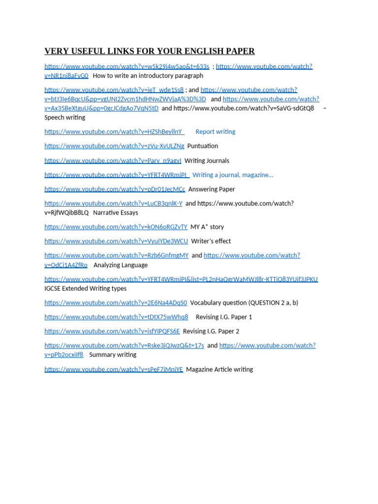 Essential YouTube Links for Writing | PDF