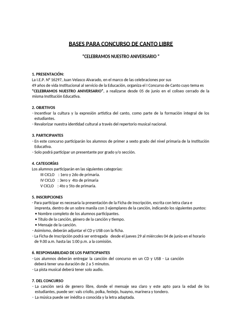 Bases del Concurso de Canto Escolar | PDF | Canciones