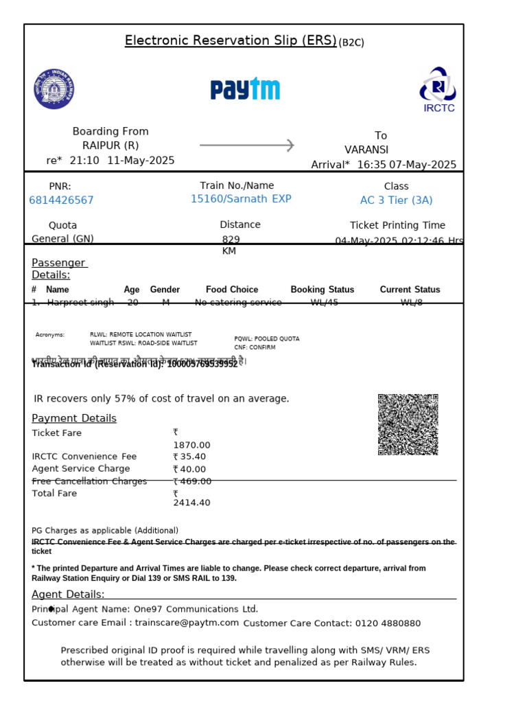 Electronic Reservation Slip (ERS) | PDF | Identity Document