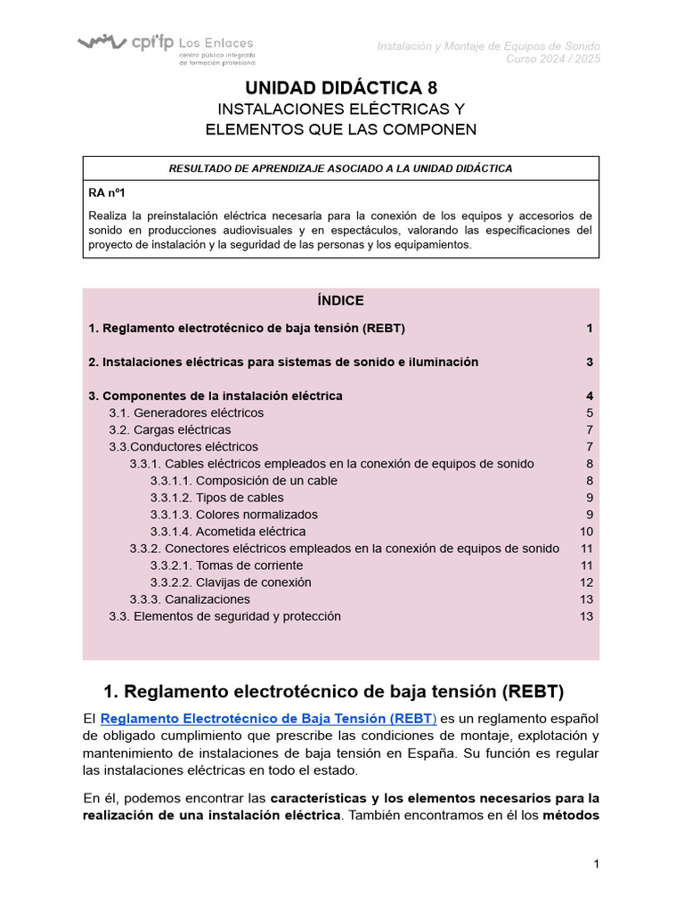 UD8 - Instalaciones Eléctricas | PDF | Enchufes y tomas de corriente alterna | Corriente eléctrica