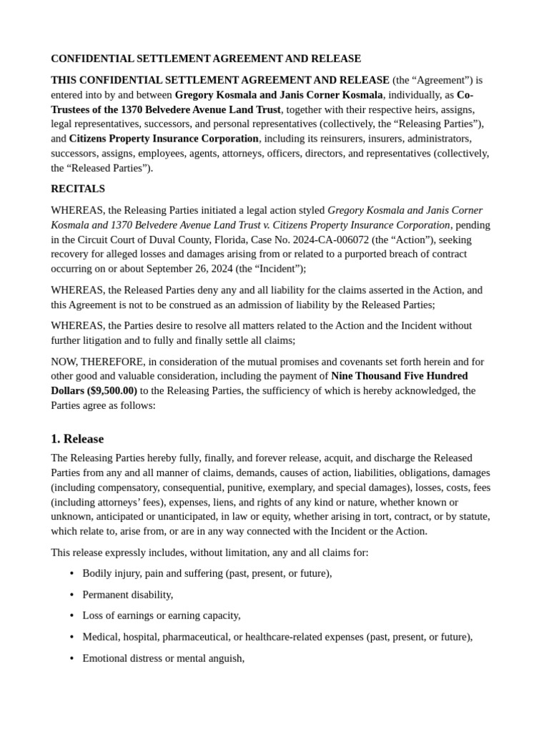 Settlement Agreement 6072 | PDF | Damages | Civil Law (Legal System)