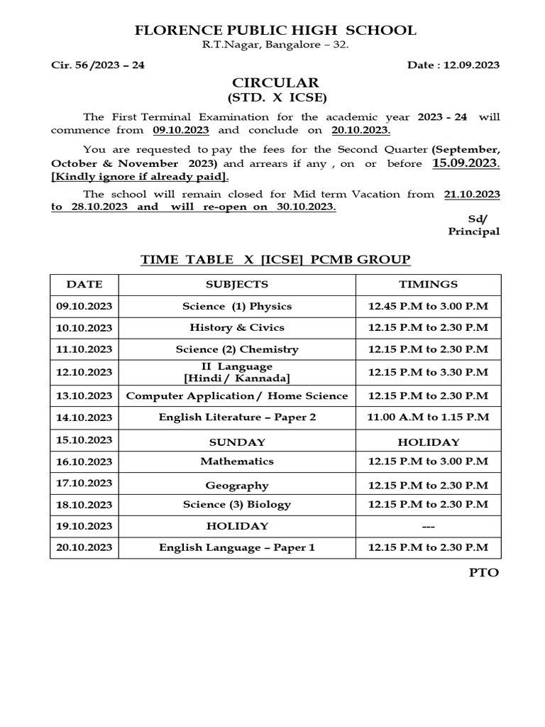 Time Table Mid Term Exam X Icse | PDF