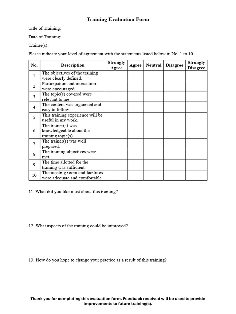 Training Evaluation Feedback Form | PDF