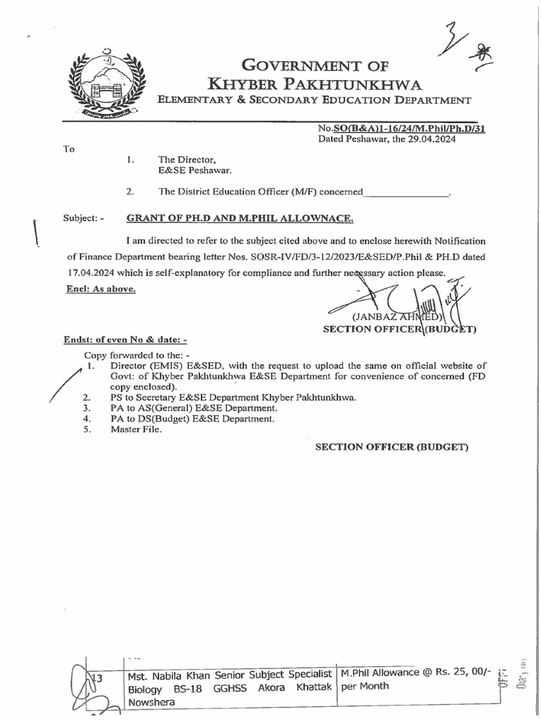 Notification Grant of PH.D and M.phil Allowance 17-04-2024 02 | PDF