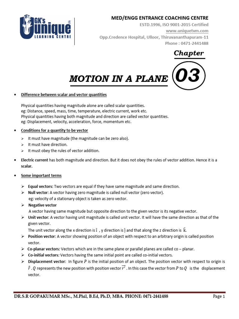 Xi CH-3 Motion in A Plane | PDF | Acceleration | Euclidean Vector