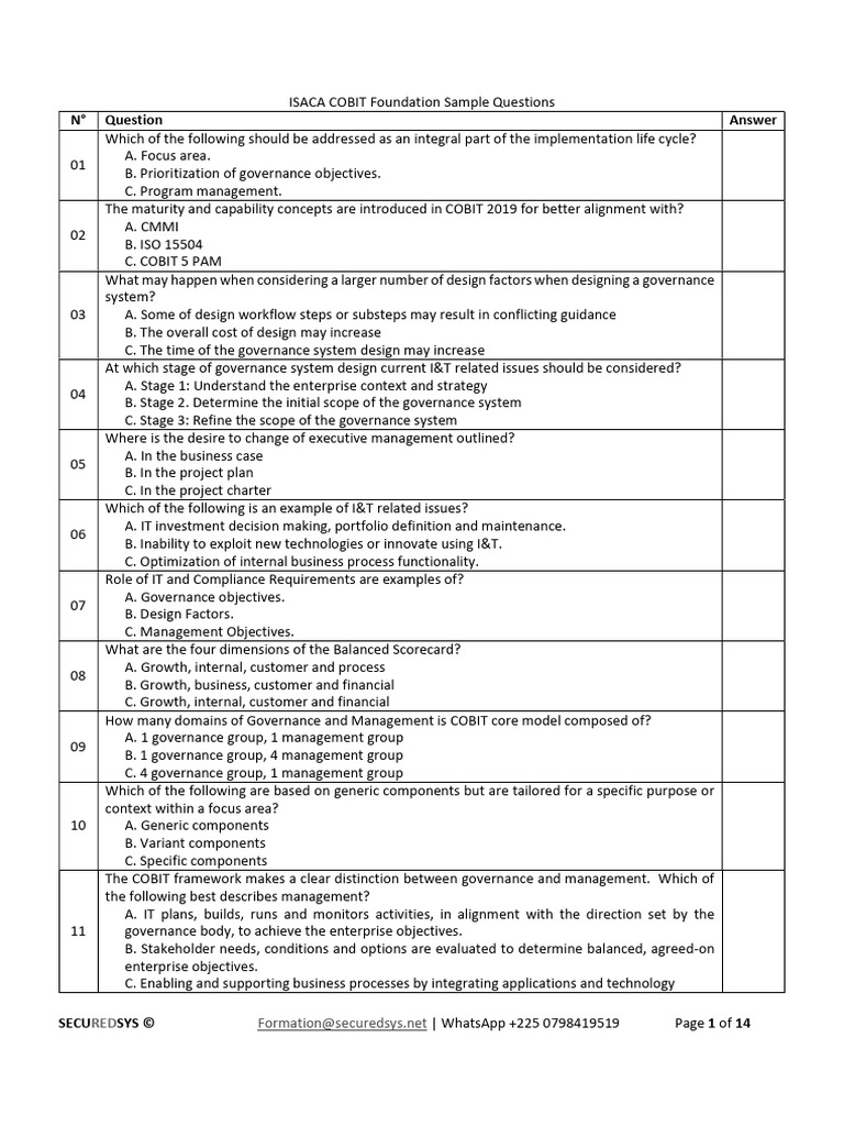 ISACA COBIT Foundation Sample Questions1 | PDF | Governance | Risk