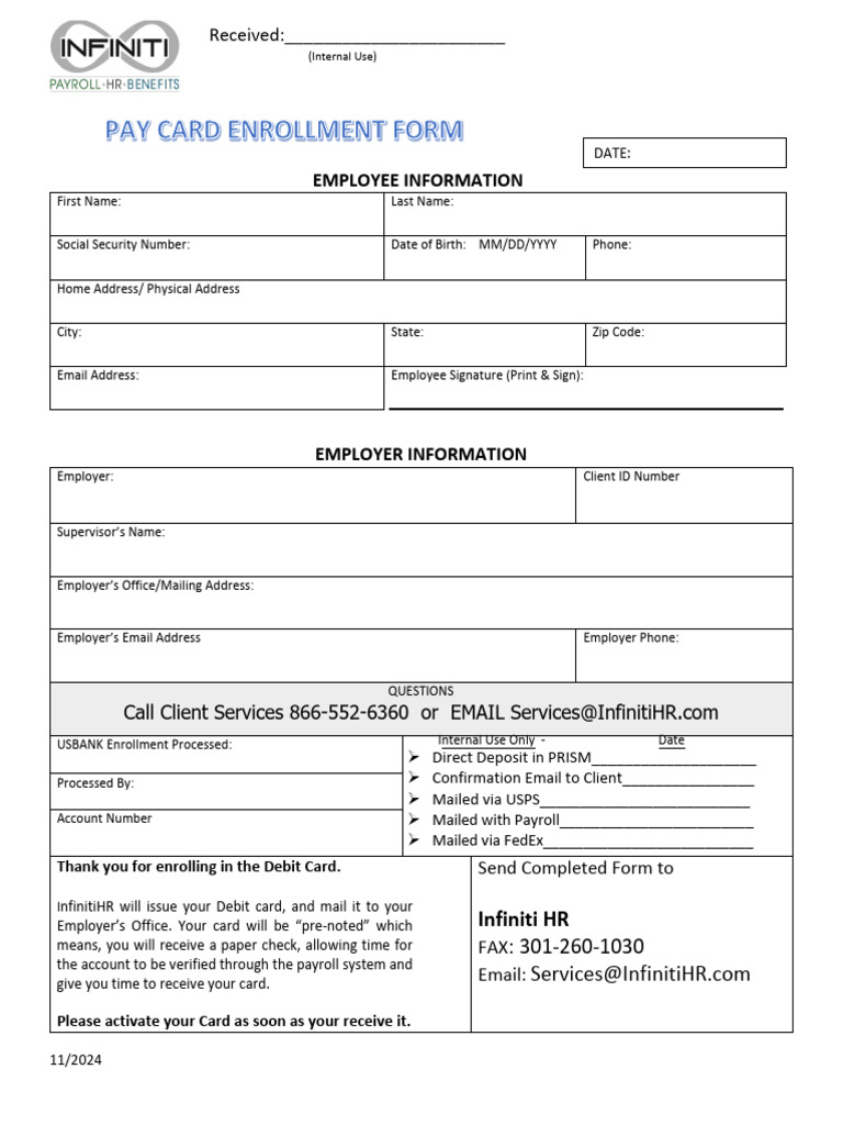Focus Paycard Enrollment Form - Fillable - Updated 11-2024 (1) | PDF