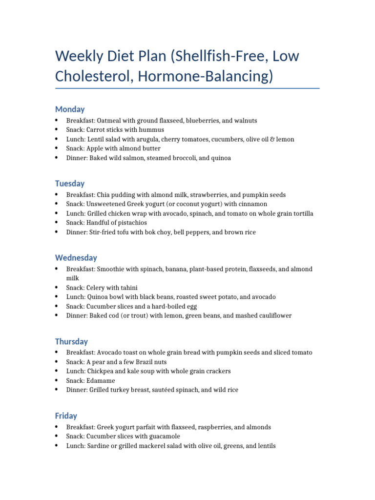 Shellfish-Free Weekly Diet Plan | PDF