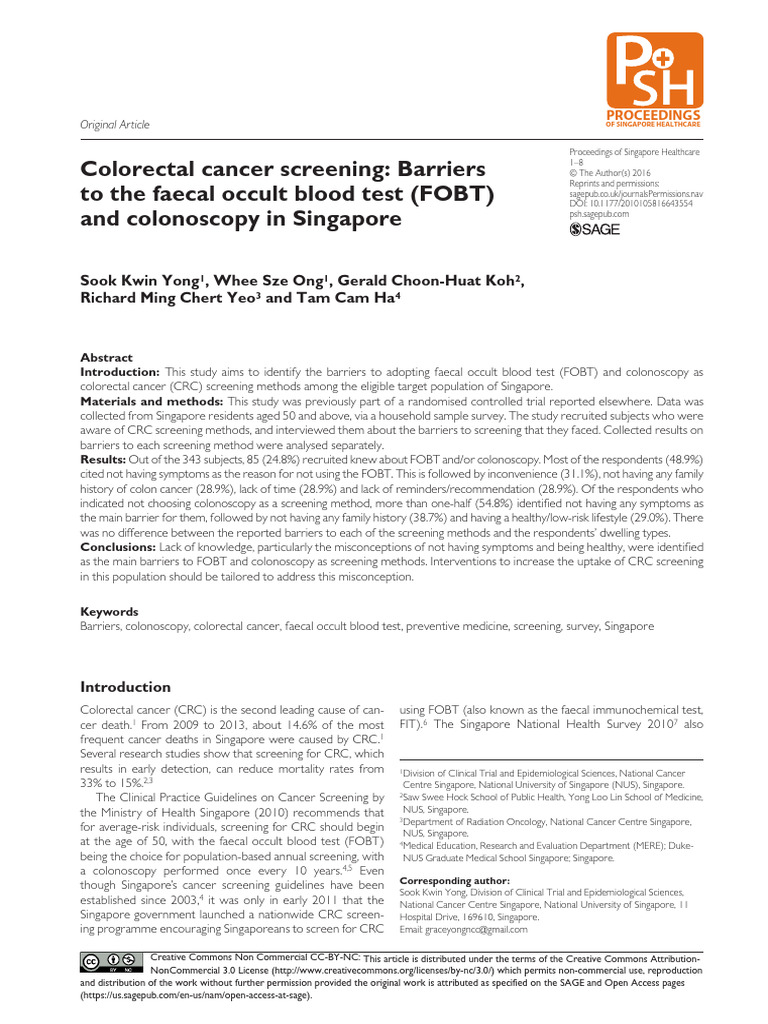 Colorectal Cancer Screening Barriers To FOBT & Colonoscopy in SG | PDF | Screening (Medicine ...