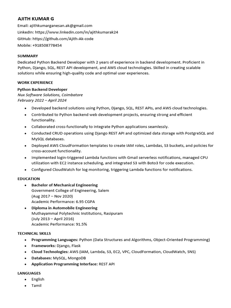 G AjithKumar Python Backend Developer 2 YOE | PDF