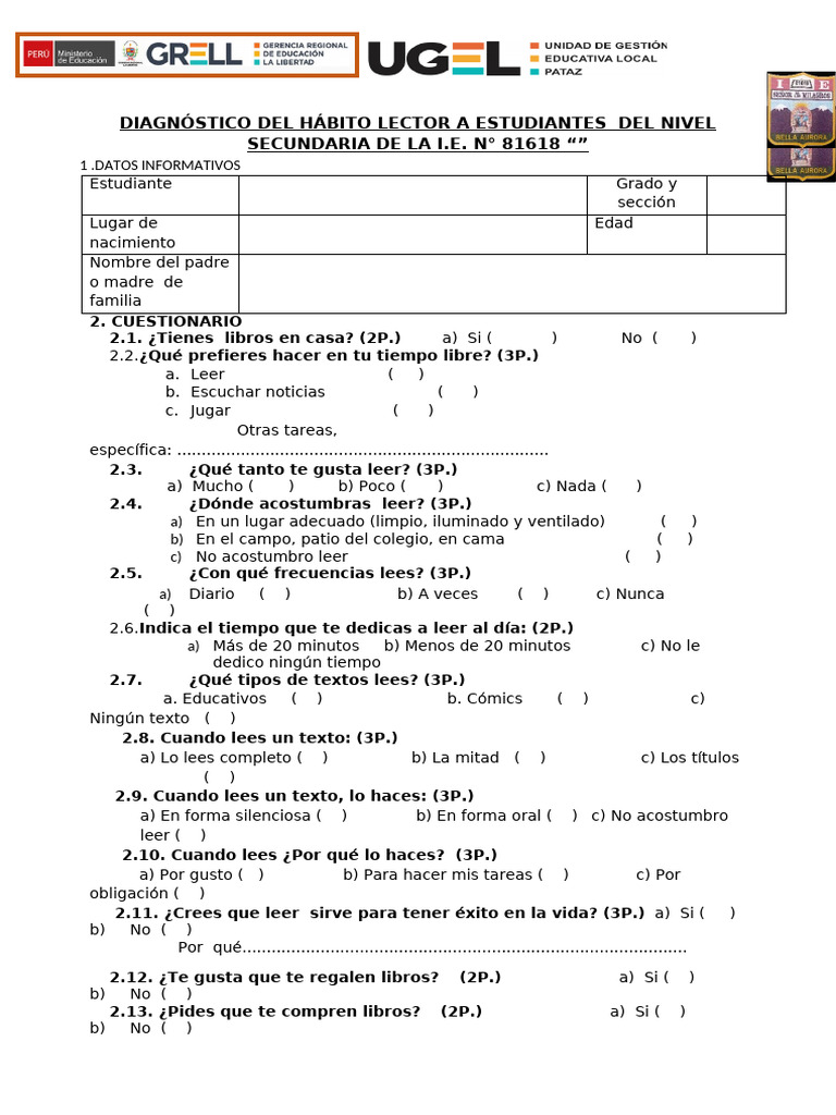 Diagnóstico del Hábito Lector en Secundaria | PDF