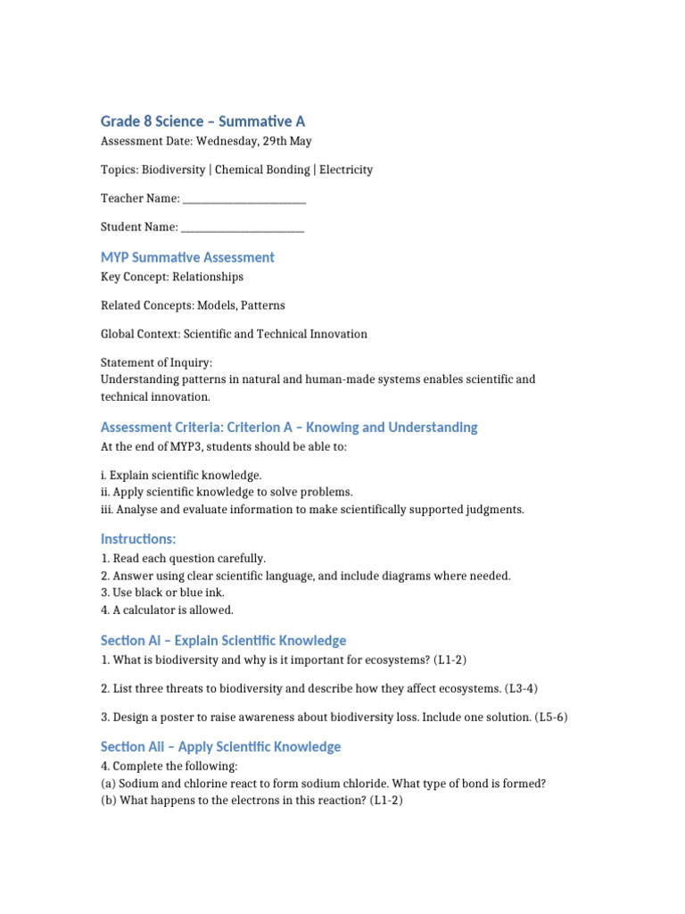 Grade 8 Science Summative A | PDF