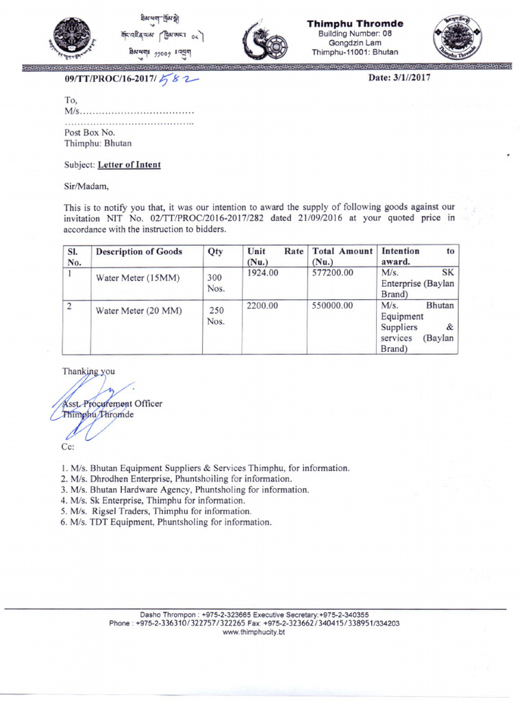 Letter of Intent For Water Meter - 0 | PDF