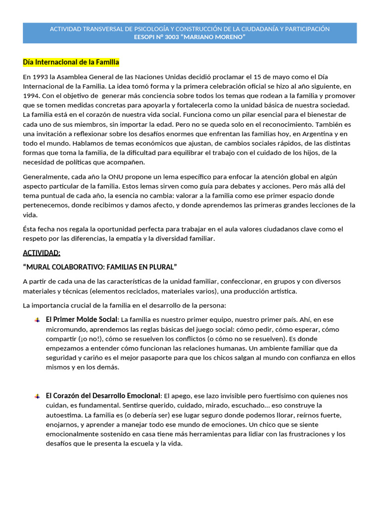 Día Internacional de La Familia | PDF | Familia | Educación en artes ...