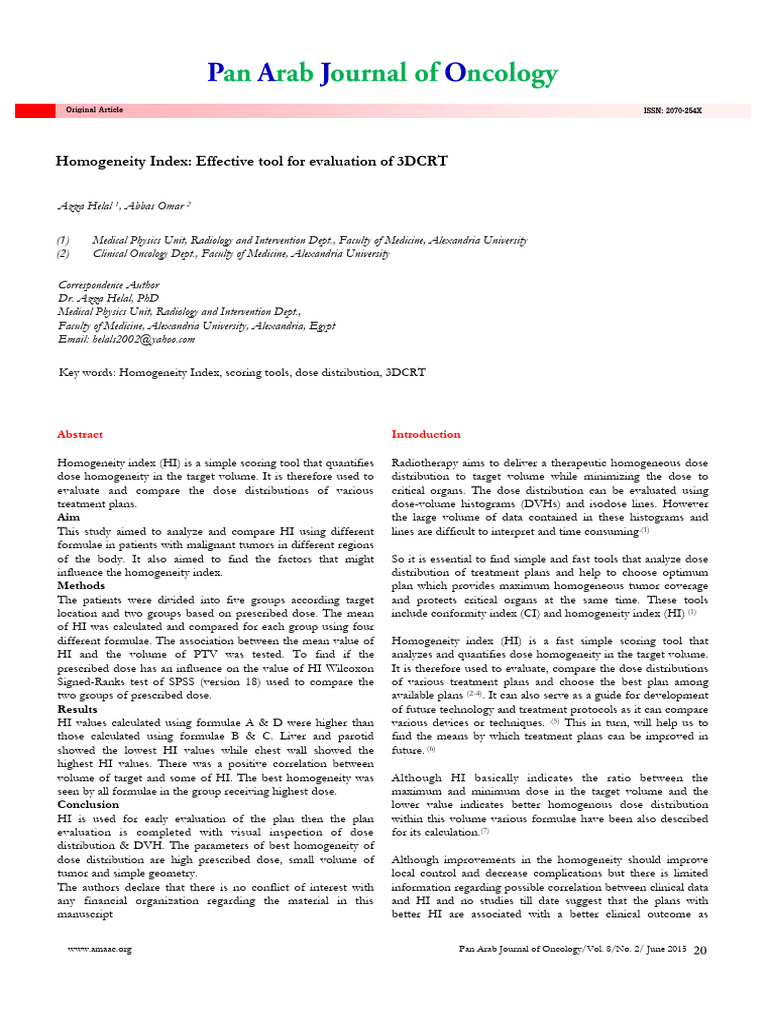 Homogeneity Index Effective Tool For Evaluation of 3DCRT | PDF ...