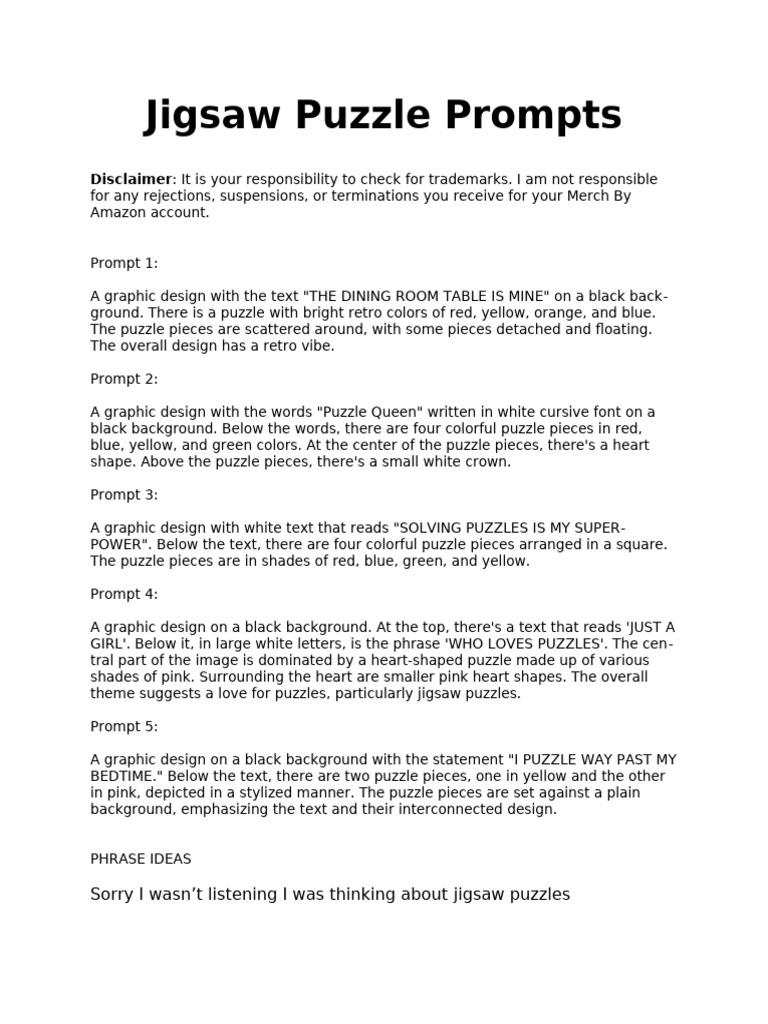 Jigsaw Puzzle Prompts WORD | PDF