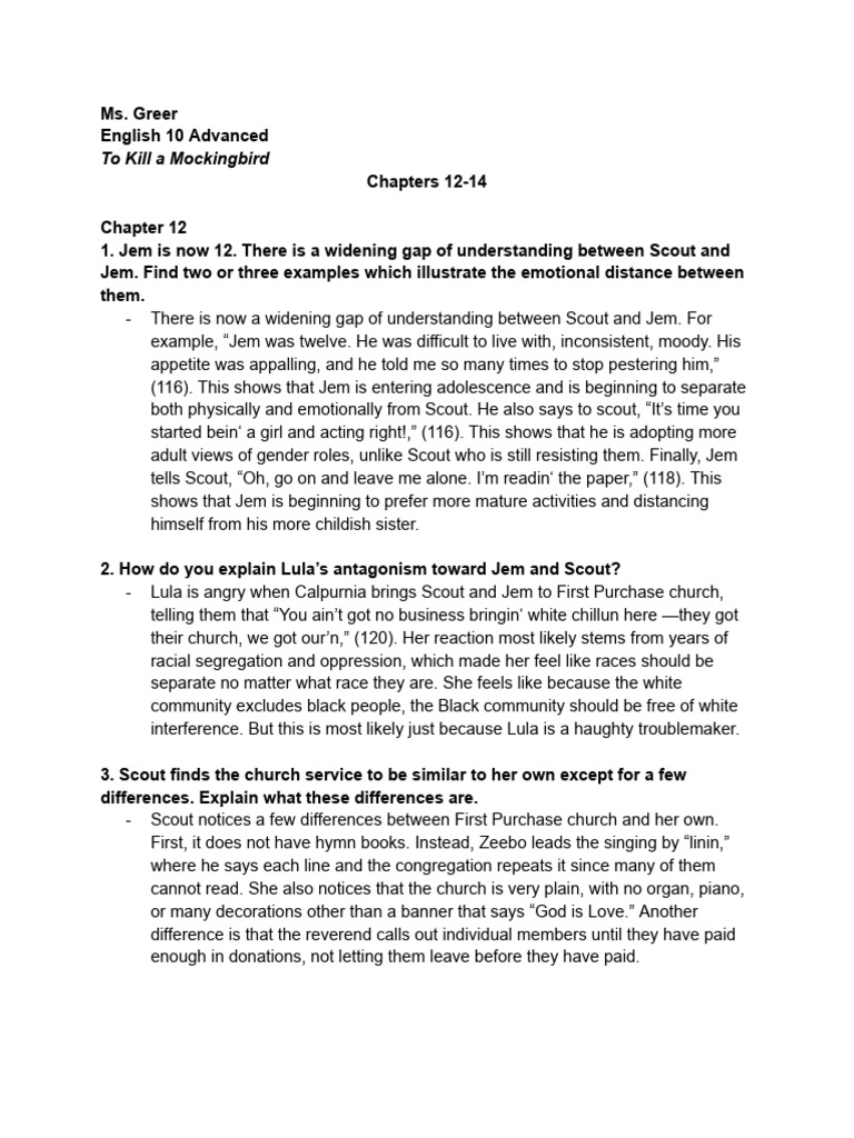 BRIAN CHAU - TKM CH 12-14 Questions 2025 | PDF | To Kill A Mockingbird