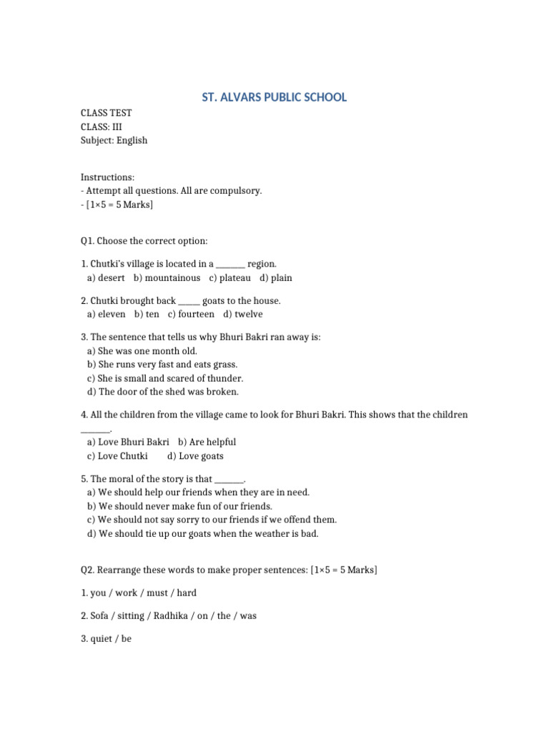 Class III English Test | PDF