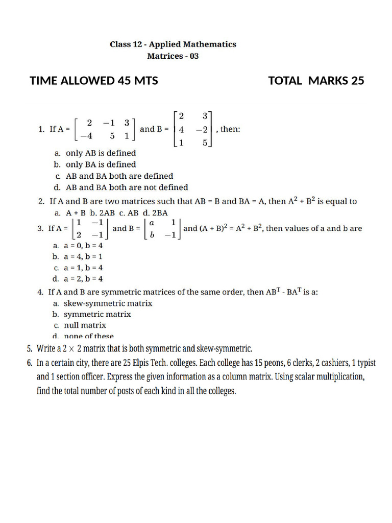 MATRICES Worksheet | PDF