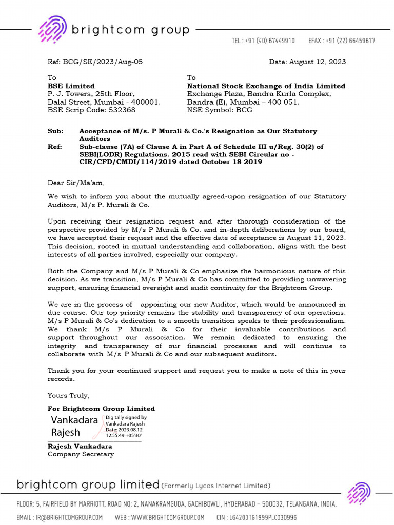 Statutory Auditor Resignation 2023 08 12 | PDF | Audit
