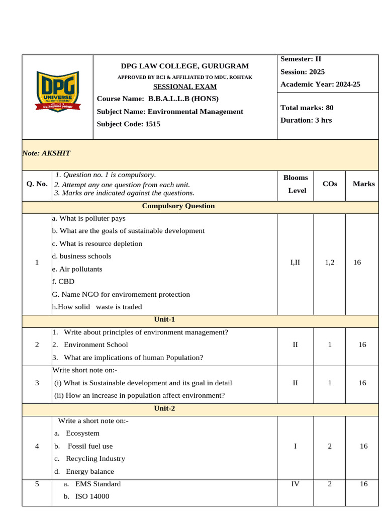 Environmental Management - Copy QUESTION PAPER | PDF | Sustainable ...