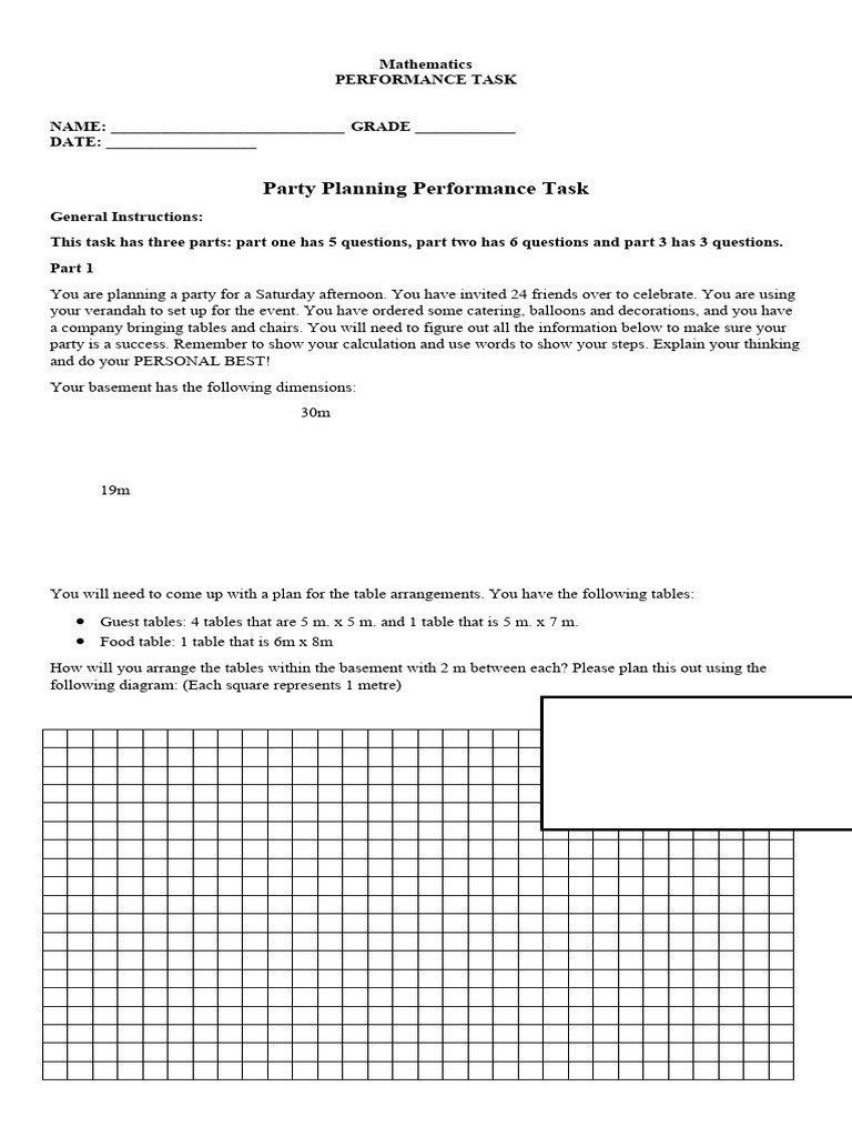 Mathematics Performance Task Planning For A Party June 2019 | PDF