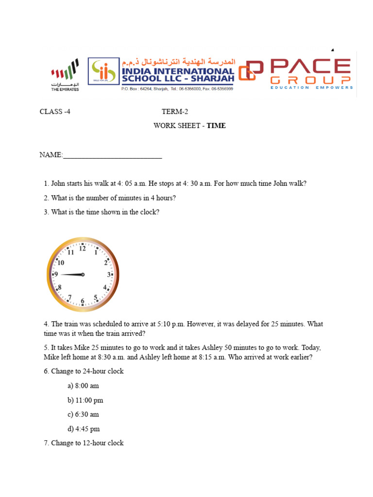 TIME Revision Worksheet | PDF
