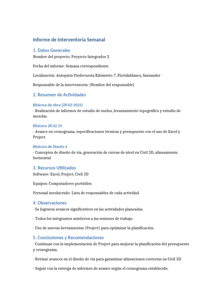 Informe Semanal de Interventoría 2 | PDF