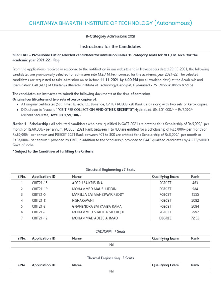 CBIT Selection List | PDF | Engineering | Career And Technical Education