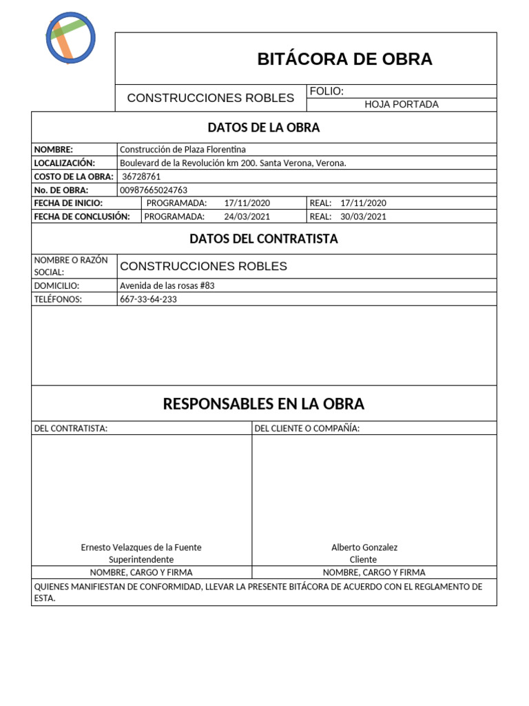 Ejemplo de Bitácora de Obra | PDF