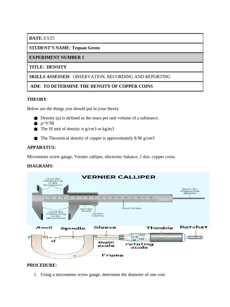 Tequan Green - Experiment 1 - Density | PDF | Density | Physical Quantities