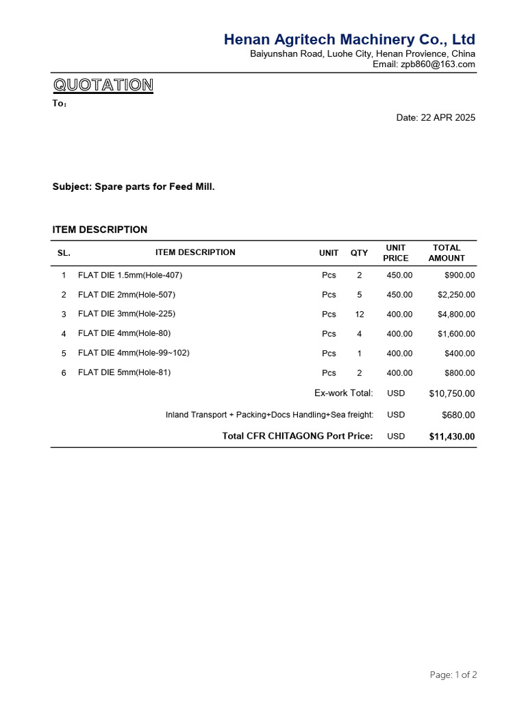 Quotation for Feed Mill Spare Parts | PDF | United States Dollar ...