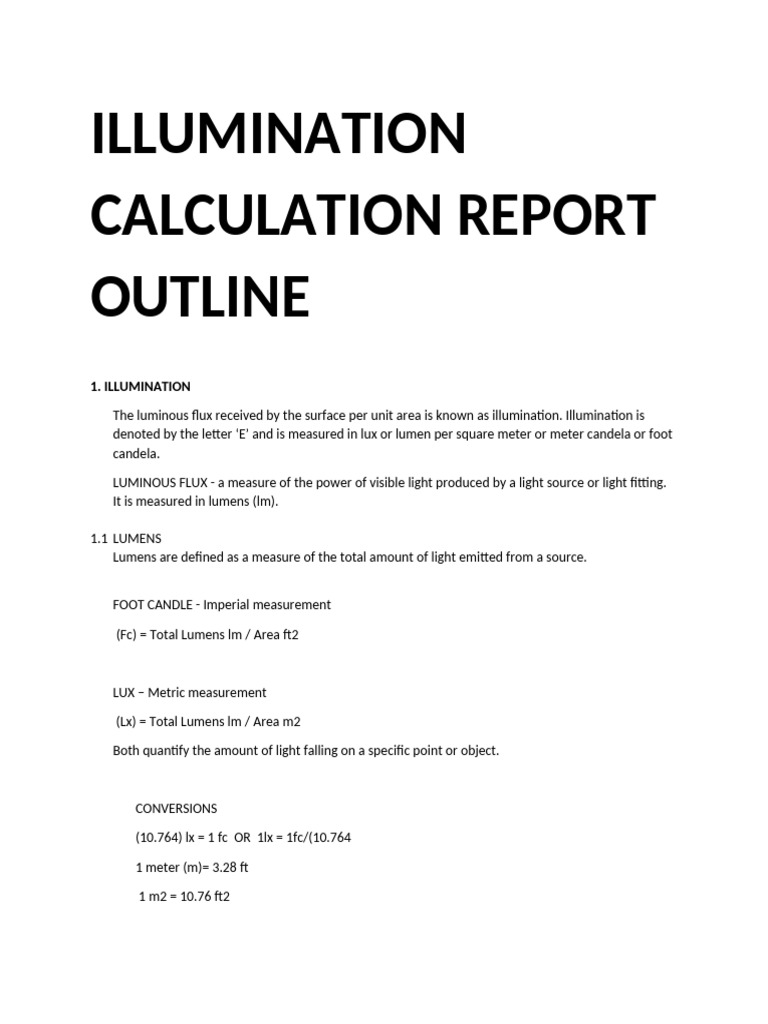 Illumination Calculation Report Outline | PDF | Lighting | Metrology